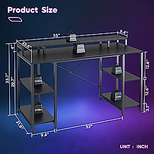 Bestier Gaming Desk with Monitor Shelf, 55 inches Home Office Desk with Open Storage Shelves, Writing Gaming Study Table Workstation for Small Space, Carbon Fiber