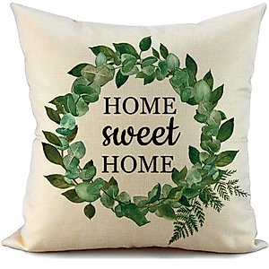FIBEROMANCE Spring Pillow Cover 18x18 Home Sweet Home Garden Wreath Farmhouse Throw Pillow Covers Pillow Case Cushion Covers for Sofa Couch Spring Home Décor Decoration