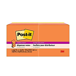 Post-it Super Sticky Pop-upNotes, 3x3 in, 6 Pads, 2x the Sticking Power, Energy Boost Collection, Bright Colors (Orange, Pink, Blue, Green),Recyclable (R330-6SSUC)