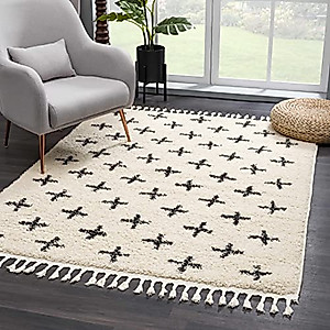 Hauteloom Alstead Farmhouse Swiss Cross Geometric Shag Area Rug - Fluffy High Pile Super Soft Rug with Tassels for Living Room, Bedroom, Dining Room - Cream, Beige, Black - 3'11" x 5'7"