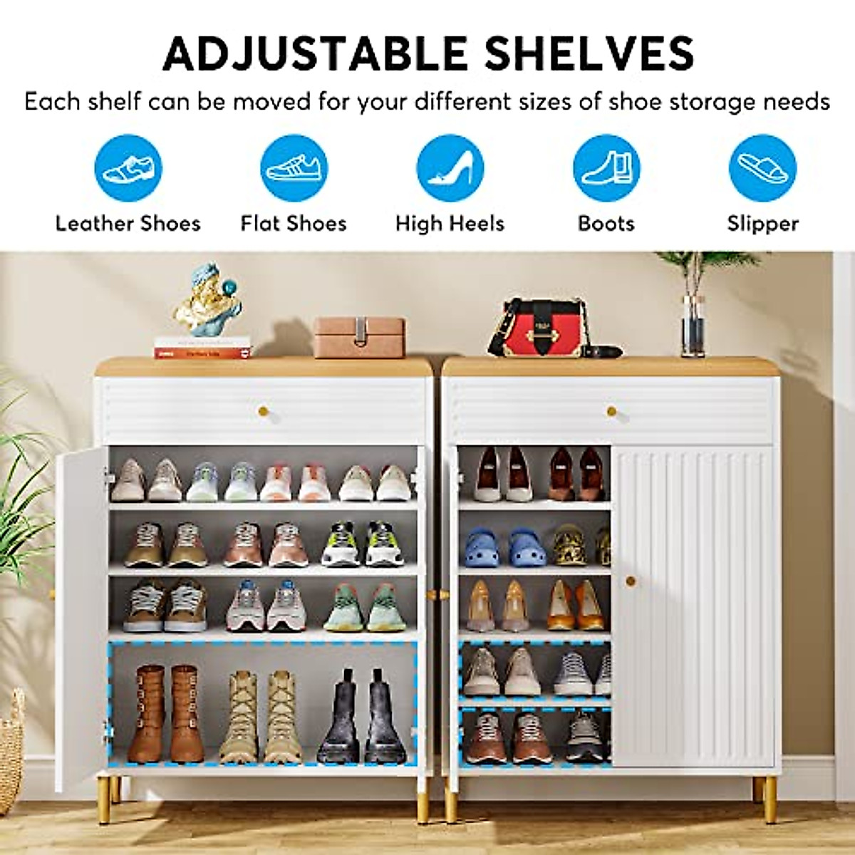Tribesigns Shoe Cabinet for Entryway, 5-Tier Modern Shoe Rack with Doors and Drawer, Wooden Shoe Storage Cabinet with Adjustable Shelves, Freestanding Shoe Organizer for Hallway Closet Bedroom(White)