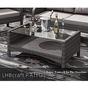 LHBcraft 4-Piece Patio Furniture Set Outdoor Rattan Wicker Sofa Set with Cushions & Coffee Table, Conversation Sofa Set with Tempered Glass Table Top and Storage Shelf (Grey-Grey) (OT008)
