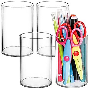 Peohud 4 Pack Acrylic Pen Holders, Clear Thick Pencil Cup, Round Makeup Brush Holder, Desktop Stationery Organizer for Desk Accessories Office School Home Supplies
