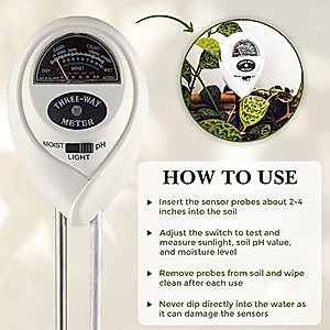 Classy Casita 3-in-1 Garden Soil Tester- Three Way Plant Soil Test Kit to Measure Soil Moisture, pH-Value, and Sunlight, Indoor and Outdoor Measuring Tool for House, Garden, Lawn,& Farm, White.