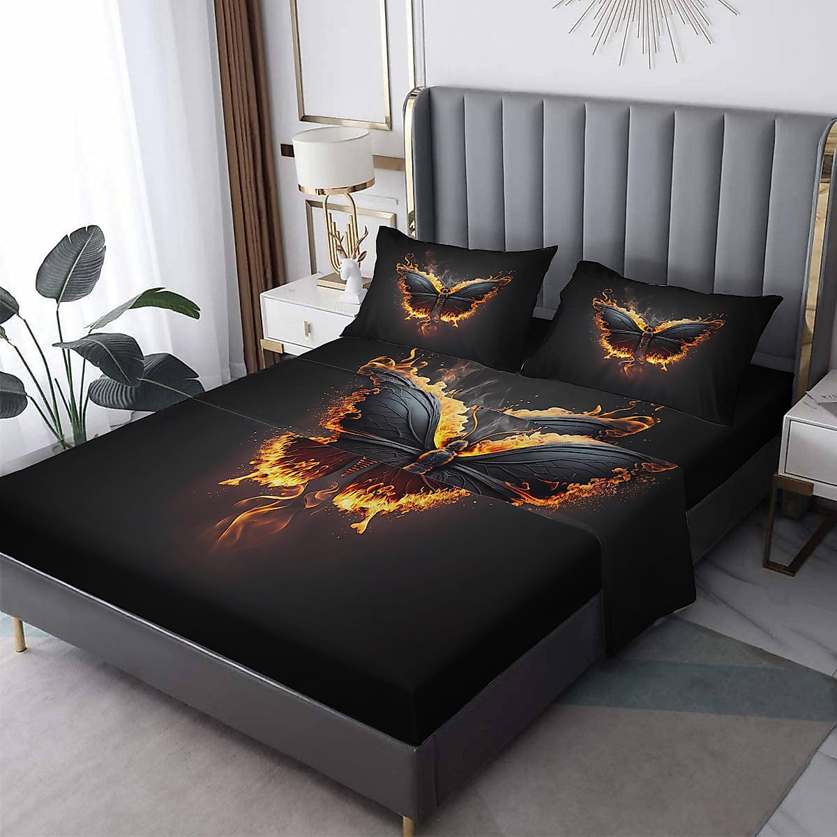 Moth Sheets Split King Size, Flame Bed Sheets, Patterned Bedding Sheets & Pillowcases 5 Piece Set - Soft Microfiber Deep Pocket 2 Fitted Sheet & Flat Sheet & 2 Pillow Cases B3-&-51
