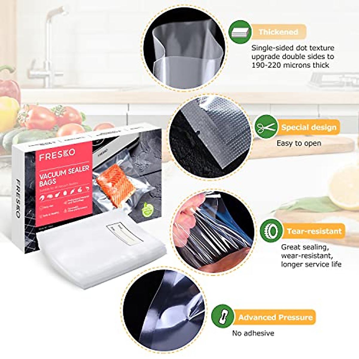 FRESKO 8"x12" Food Vacuum Sealer Bags, 120Pcs PreCut Bags for Food Vacuum Storage, Vacuum Seal Food Sealer Bags with BPA Free and Heavy Duty, Great for Sous Vide Bag Meal Prep