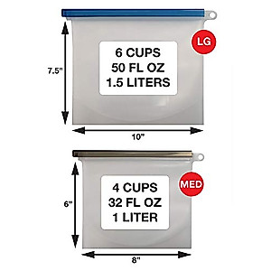 Silicone Reusable Food Storage Bags (Set of 6) (2 Large 50oz + 4 Medium 33.8oz), by Better Kitchen Products, Airtight, Expandable Gusset, Easy Stand-Up, for Solids, Liquids, Refrigerator and Freezer,