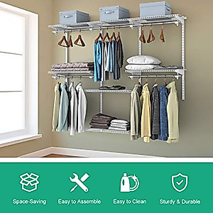 Moccha Custom Closet Organizer System, Wall Mounted Closet System with Hanging Rod, Metal Hanging Storage Organizer Rack Wardrobe with Shelves, Adjustable Closet Organizer Kit for Bedroom, White