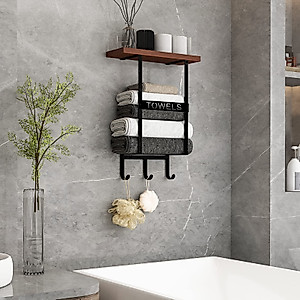 Towel Rack, ZUJJAFY Racks for Bathroom Storage Wall Mounted Holder Decor, Bath Organizer with Wooden Shelf and Hooks Rolled Towels Matte Black With ''Towels'' Logo