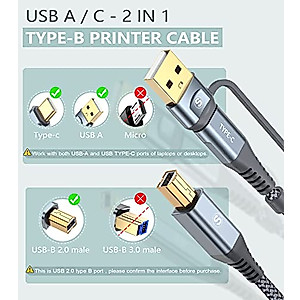 USB-B to USB-C/A Printer Cable 2-in-1 [2-Pack, 10FT] USB C MIDI Cable Nylon Braid High-Speed Printer Cord for MacBook Pro/Air, Casio Digital Piano MIDI Controller, HP Canon Dell Epson Brother Samsung