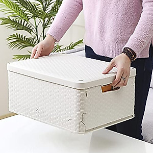 Folding and Stackable Storage Bin with Lid | Organizer Storage Box, 30 Liter, Set of 3, Beige