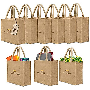 Burlap Bags with Handles - Reusable with Classic style -Waterproof Inner Lining –Pack of 6– 12”x10”x4” - Perfect Jute Bags for Grocery Shopping, Wedding, Beach Halloween Favors