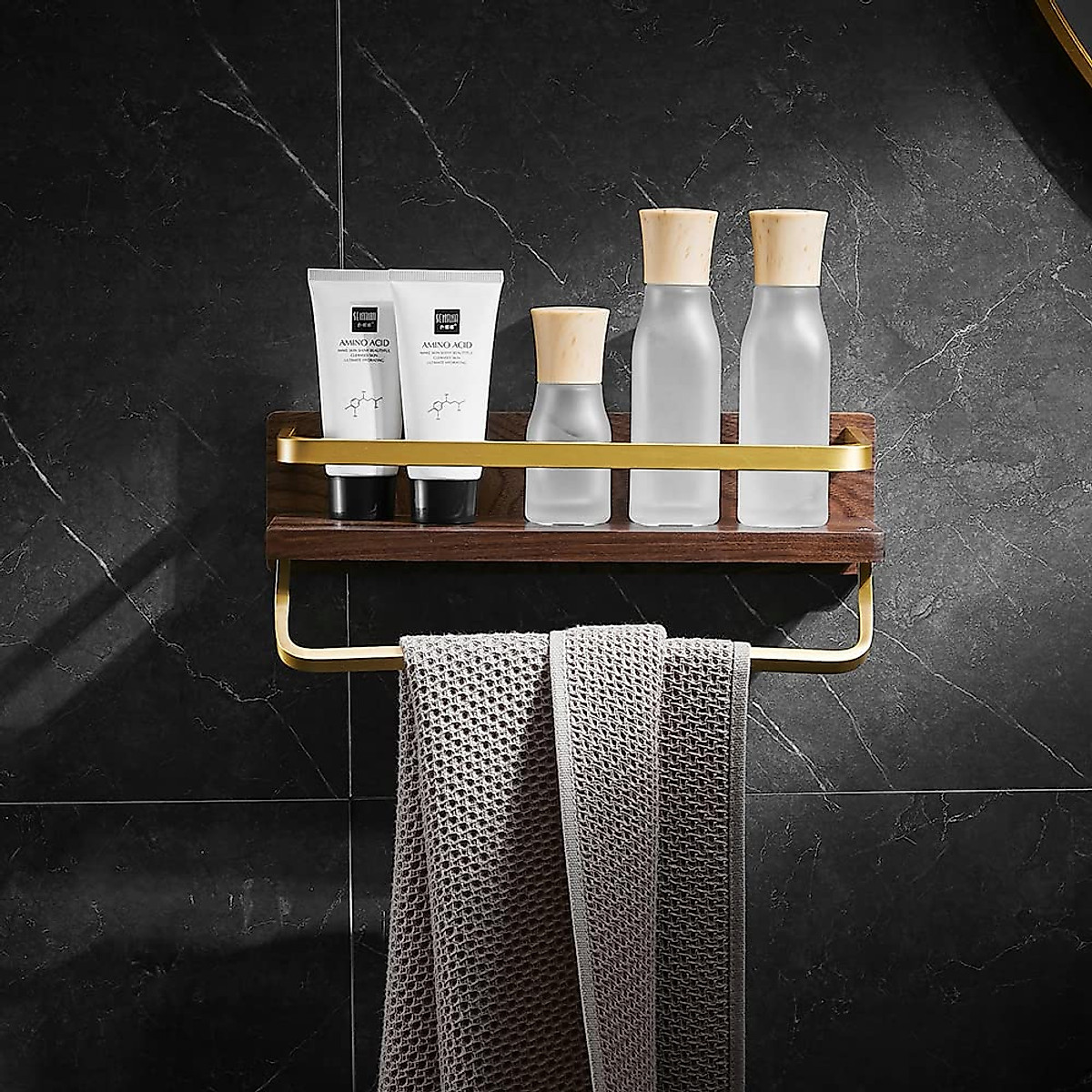 NEWRAIN Shower Rack, Wood Shower Shelves with Towel Holders for Kitchen Toilet Bathroom Shelves Shower Storage Organizer Wall Mounted