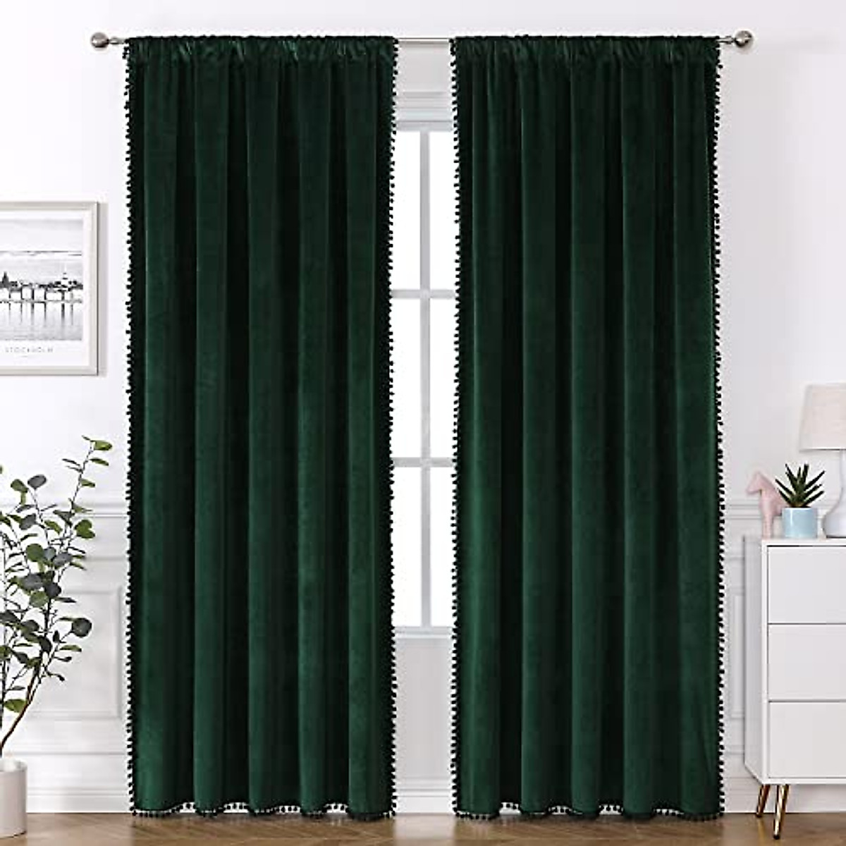 VANASEE Pompom Velvet Curtains for Bedroom Rod Pocket 52x84 inch Soft Blackout Window Curtains Room Darkening Drape Light Blocking for Living Room 2 Panels,Green