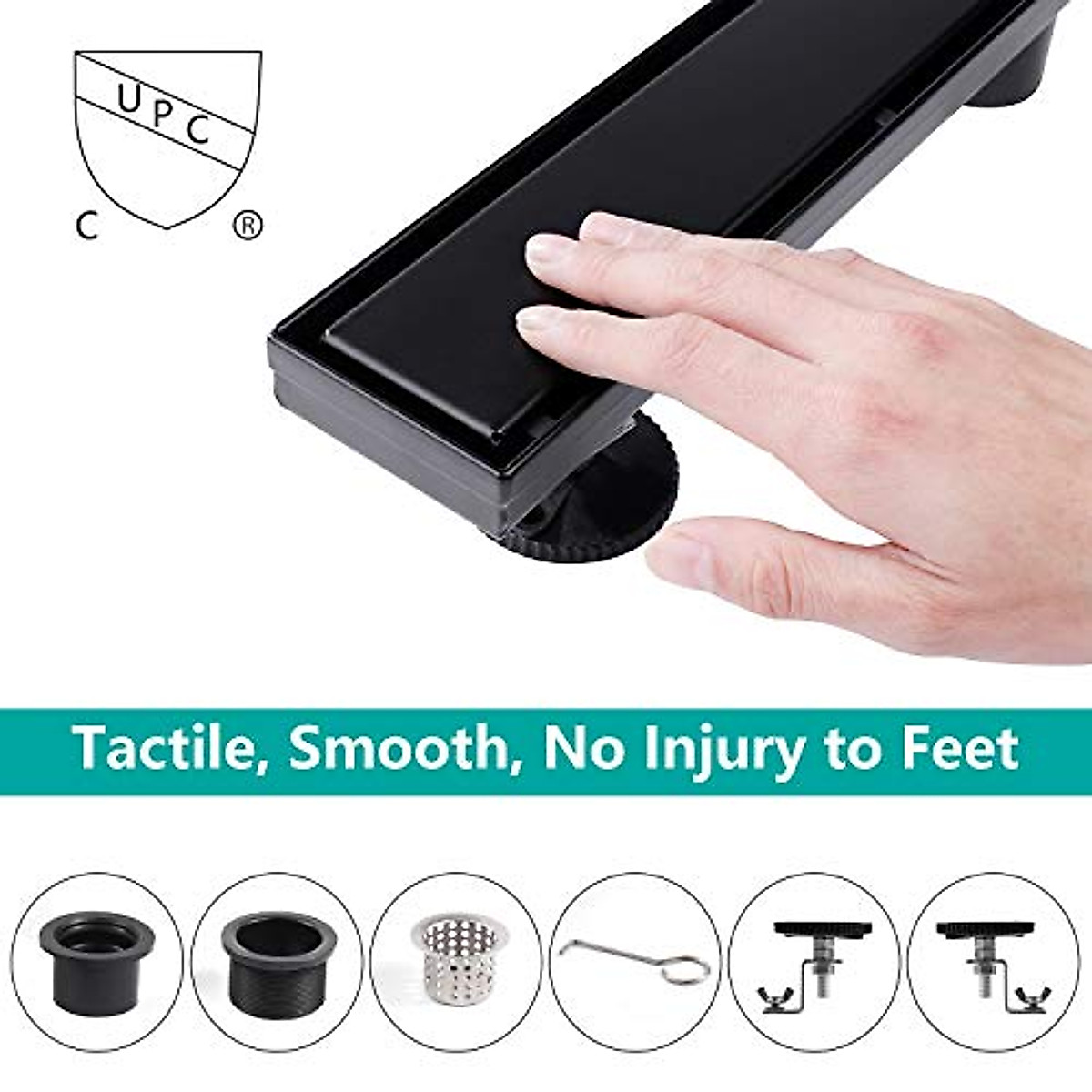 BARONAGE 24-Inch Linear Shower Drain, with 2-in-1 Flat & Tile, Insert Cover Black Brushed 304 Stainless Steel Rectangle Shower Floor Drain Adjustable