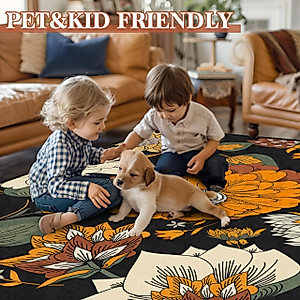 Tyrot Black Boho Floral Living Room Rugs Washable 8x10 Area Rug for Bedroom Farmhouse Non Slip Soft Mid Century Modern Accent Rugs Abstract Botanical Floor Carpet for Dining Room Grils Kids Room