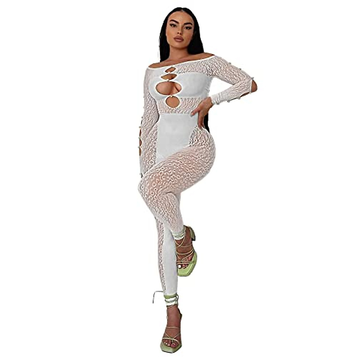 Uni Clau Women Off Shoulder Bodycon Jumpsuit Sexy Long Sleeve Mesh Sheer Long Pant Set Romper See-Through Playsuit White M