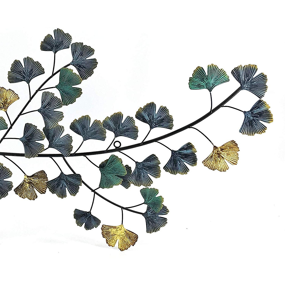 Bellaa 3D Metal Wall Decor Living Room Ginkgo Leaf Japanes Style Flower Golden Blue Teal Abstract Scroll Celtic Wrought Iron Plaque Hanging Boho Home Outdoor Garden Floral Accents Turquoise