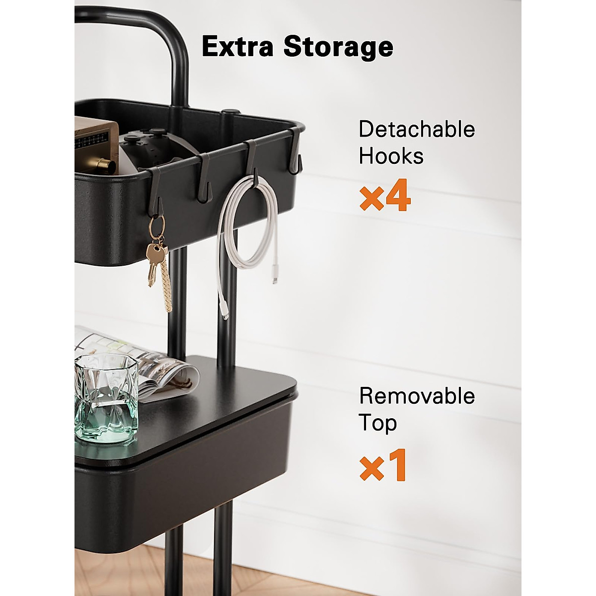 Pipishell 3 Tier Rolling Cart with Table Top, Utility Cart with Wheels & 4 Hooks, Rolling Storage Cart for Home Storage and Organization, Black, PIUC09B