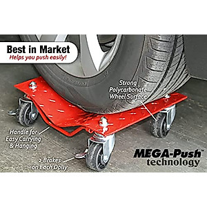 4 Tire Car Wheel Dolly Heavy Duty MEGA-Push Skates Triple Ball Bearings with Brakes 6000 lb Capacity Red
