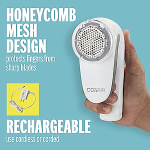Conair Fabric Shaver and Lint Remover, Rechargeable Portable Fabric Shaver, White