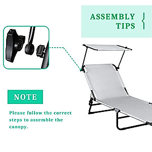 VINGLI Folding Chaise Lounge, Adjustable 4 Position Patio Chair Recliner, Sunbathing Chair for Beach Outdoor Pool Patio Deck (Grey, with Canopy)