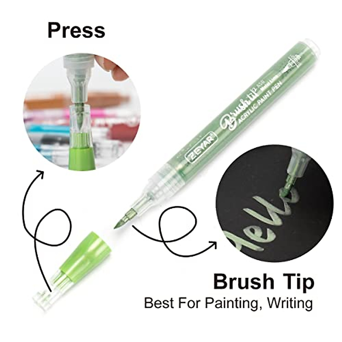 ZEYAR Acrylic Paint Pens, Brush Tip, Water based, Metallic Colors, Writes on Paper, Rock, Rubber, Ceramics, Wood, Glass and more (12 Metallic Colors)