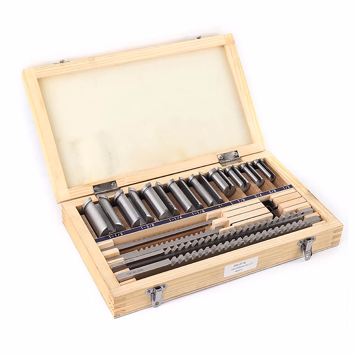18Pcs Keyway Broach Kit Inch Size, HSS Keyway Broach Kit Ferrule Bushing Gasket Set Metal Process 4 Broaches 9 Collared Bushings 5 Shims with Wooden Box