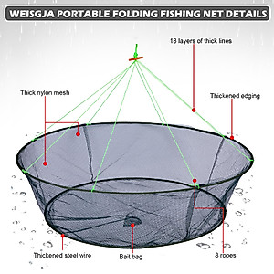 WEISGJA Portable Folded Fishing Net, Crab Net Fish Net with Fishing Rope, Hand Casting Cage Crab Net, Foldable Fishing Mesh Trap for,Minnows,Lobster,Crawfish, Shrimp etc. (39.4inch/100cm)