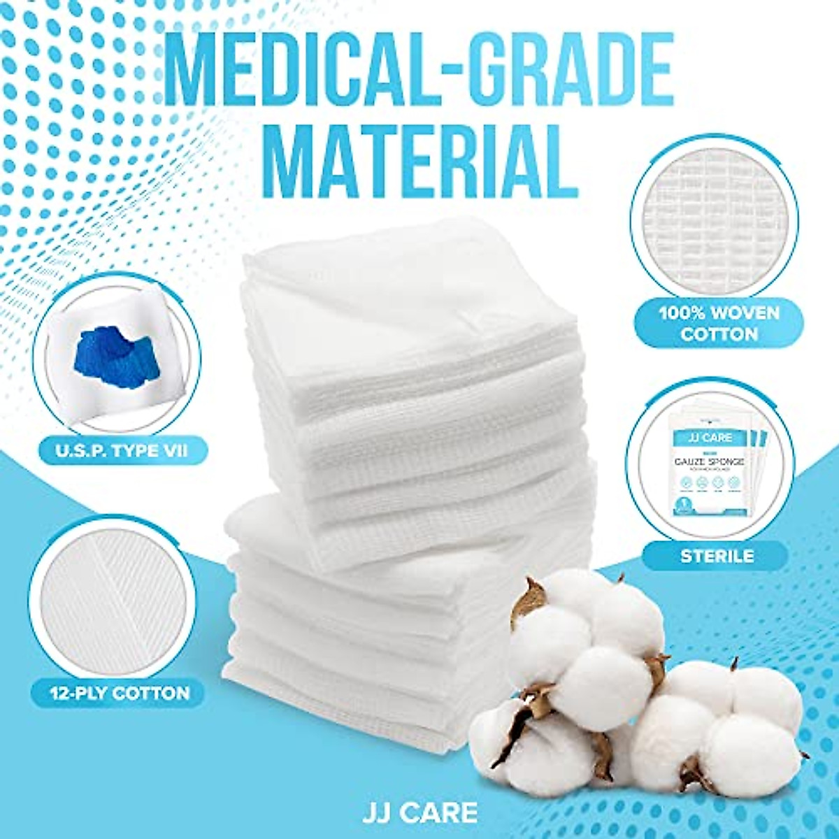 JJ CARE Sterile Gauze Pads 2" x 2" (Pack of 100), 12-Ply Cotton Gauze Pads, Individually-Wrapped Sterile Gauze Sponges, 100% Woven, Non-Stick Medical Gauze Pads for First Aid Kit & Wound Care