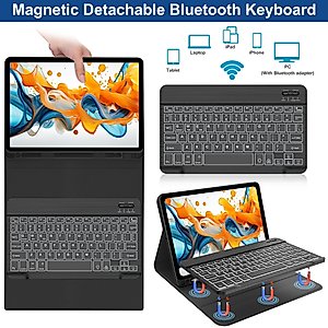YEHOBU Galaxy Tab S8+/S7 FE 2021/S7 Plus 2020 Case, Detachable Bluetooth Backlit 12.4" Keyboard Protective Cover with S Pen Holder, Black(Tab Not Included)