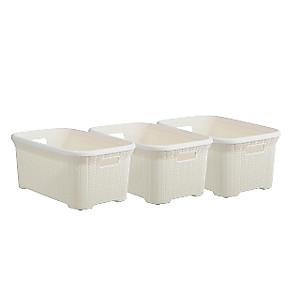 Plastic Laundry Basket Small Storage Hamper Basket, 3 Pack Cream Cloths Basket Organizer with Cut-Out Handles. Space Saving for Laundry Room Bedroom Bathroom, Knit Design 40 Liter.