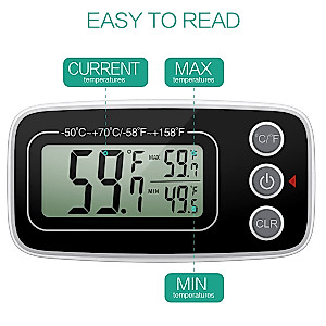 ORIA Refrigerator Thermometer, Digital Freezer Fridge with Thermometer Max and Min Display for Room, Refrigerator, Kitchen, Large LCD Display, 2 Pack, Black