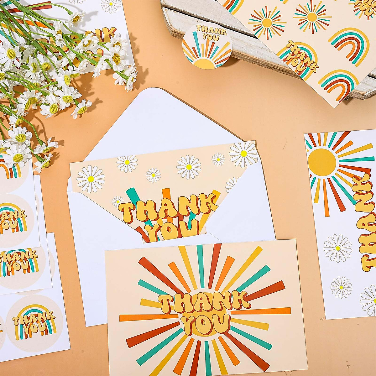 JarThenaAMCS 30 Packs Boho Sun Thank You Cards Groovy Retro Sunshine Greeting Cards with Envelopes and Stickers Here Comes the Son Blank Note Cards for Baby Shower Birthday Party Supplies