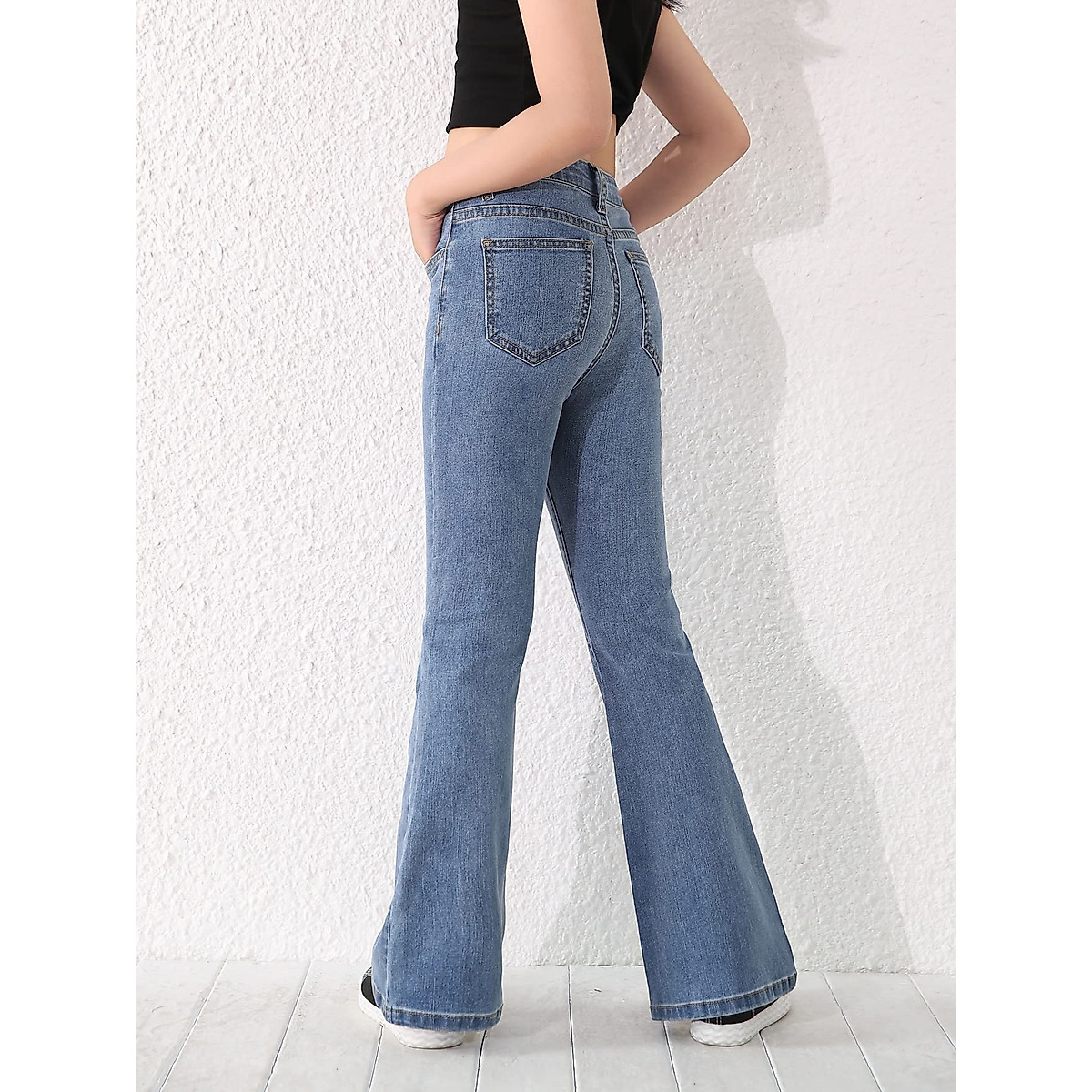 Floerns Girls Casual Denim Pants High Waist Flare Leg Jeans with Pocket Medium Blue 11-12Y