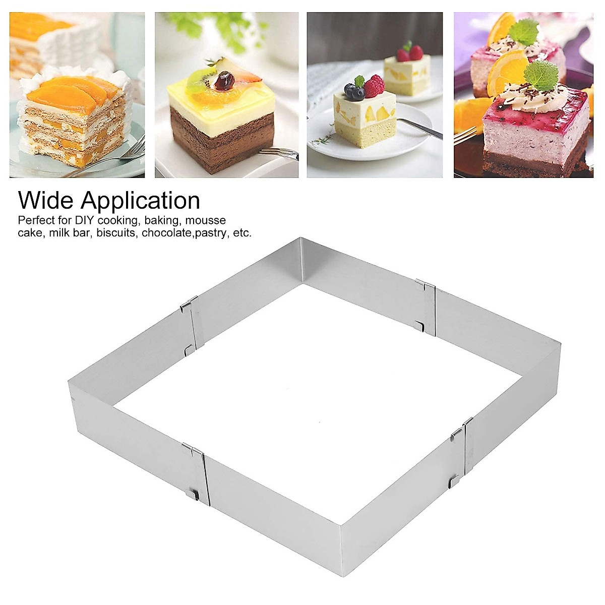 Square Cake Mold Ring, 6 to 11 inch Adjustable Stainless Steel Mousse Cake Ring Square Cookie Cutter Pastry Baking Mold for Birthday Cake, Party Dessert, Tiramisu