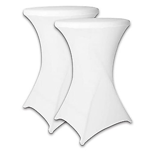 Dololoo 2 Pack Cocktail White Spandex Stretchable Tablecloths,Round Highboy Stretch Table Covers，Elastic Square Corners Table Clothes for Wedding,Party,Birthday,30"-32" Diameter x 40"-43" Height