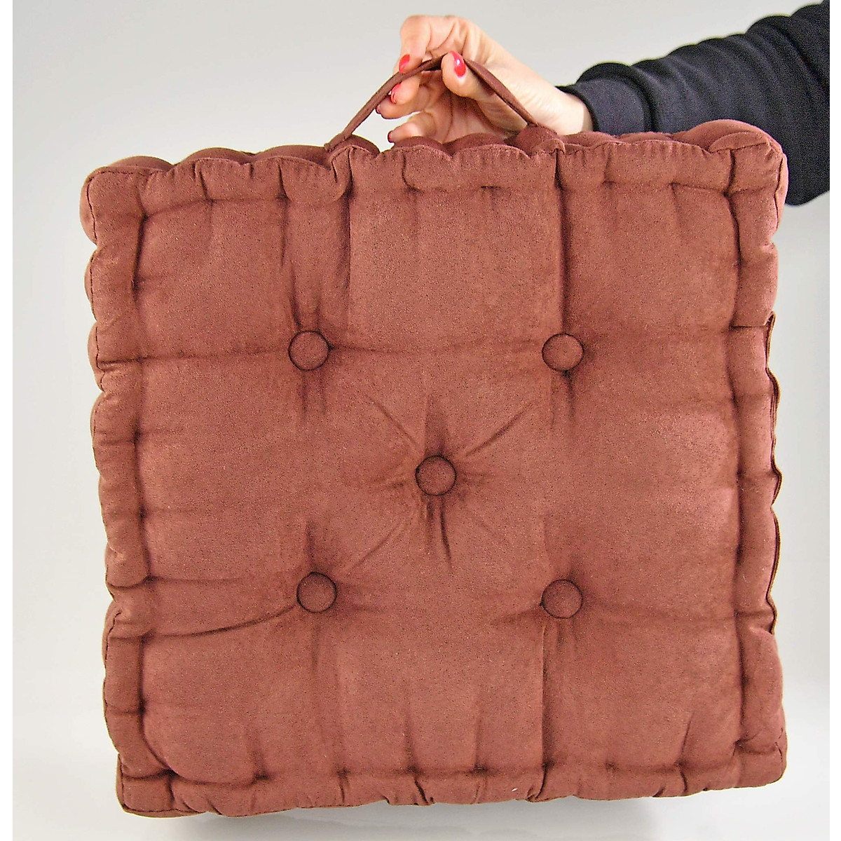 Home-X Tufted Booster Cushion, Thick Square Seat Pad with Carrying Handle – Brown 15” L x 15” W x 3 ½” H