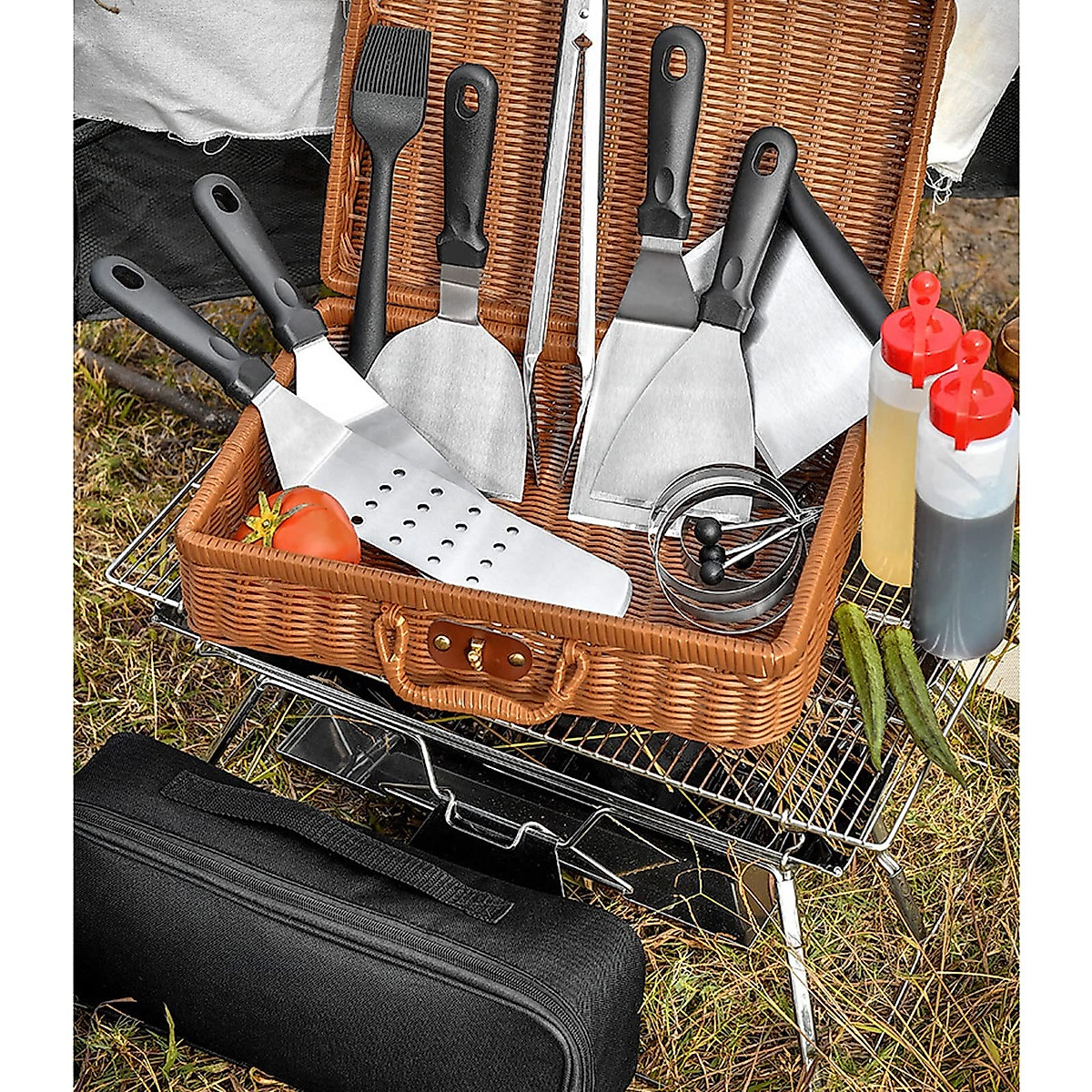 SEFAX Stainless Steel Grilling Kit, BBQ Tools Set, Grill Accessories with Storage Bag, Portable Grilling Utensil Kit, Suitable for Travel, Picnics, RVs, Camping, BBQs, Parties (Size : 14pcs)