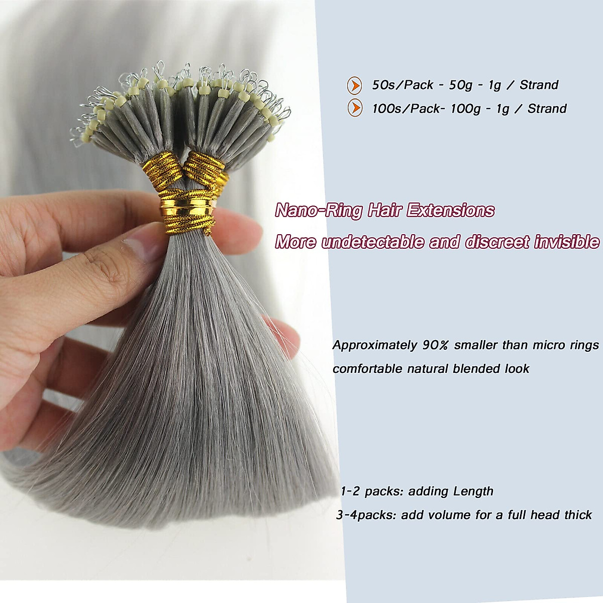 Nano Ring Hair Extensions Human Hair Keratin Cold Fusion Nano Tip Micro Nano Beads Link Thick Hair Balayage Highlight Ombre Real Remy Hair 1g/s (20inch100gr100s, Silver Gray)