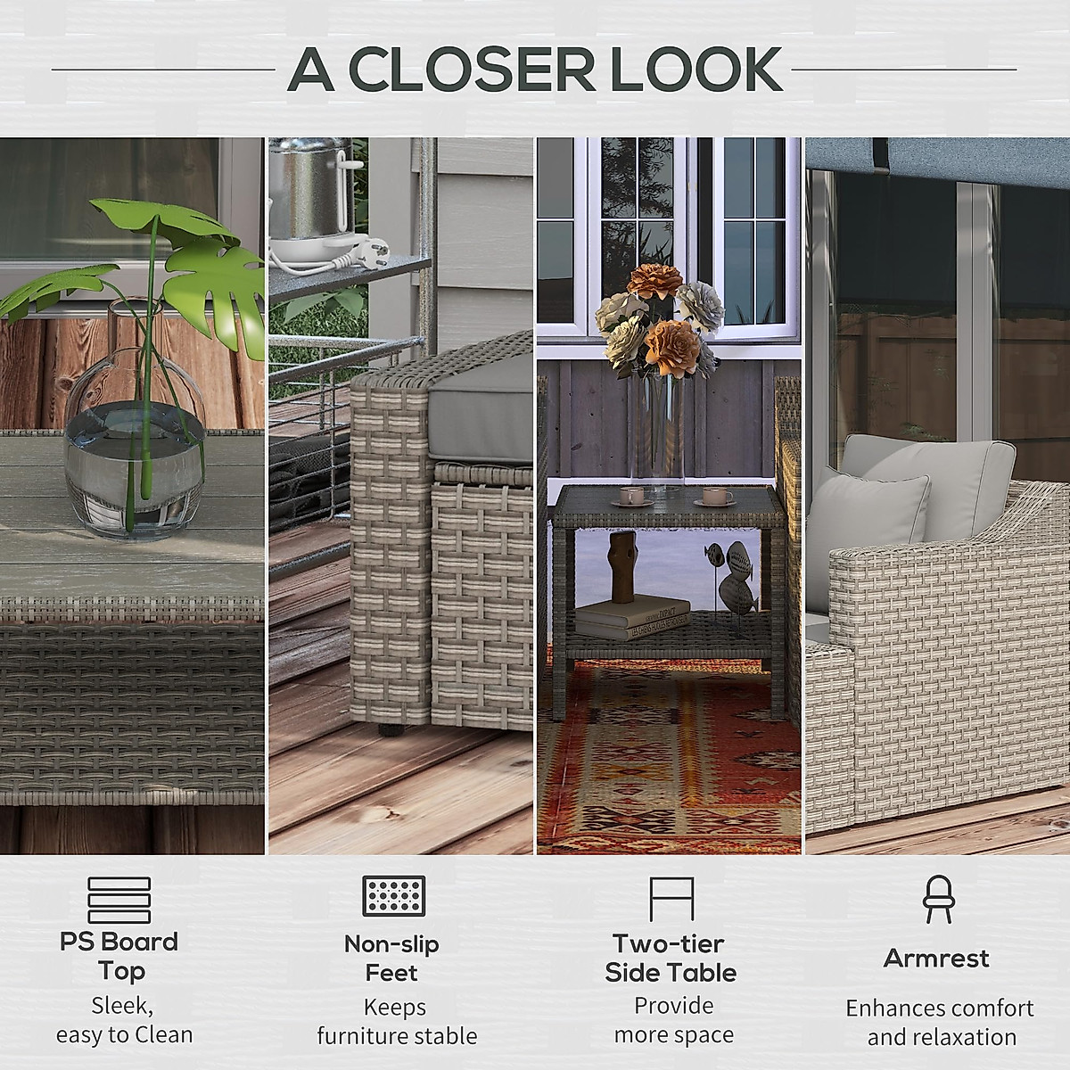 Outsunny 5 Piece Patio Furniture Set, All Weather PE Rattan Conversation Chair, and Ottoman Set with Coffee Table, Cushions & Pillows Included for Balcony, Porch, Deck, Pool, Lawn, Gray