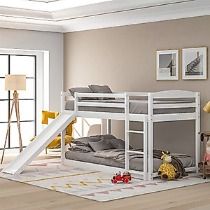 Low Bunk Beds Twin Over Twin Bunk Bed with Slide and Ladder, Wooden bunk Bed for Toddlers Kids Boys Girls (White)