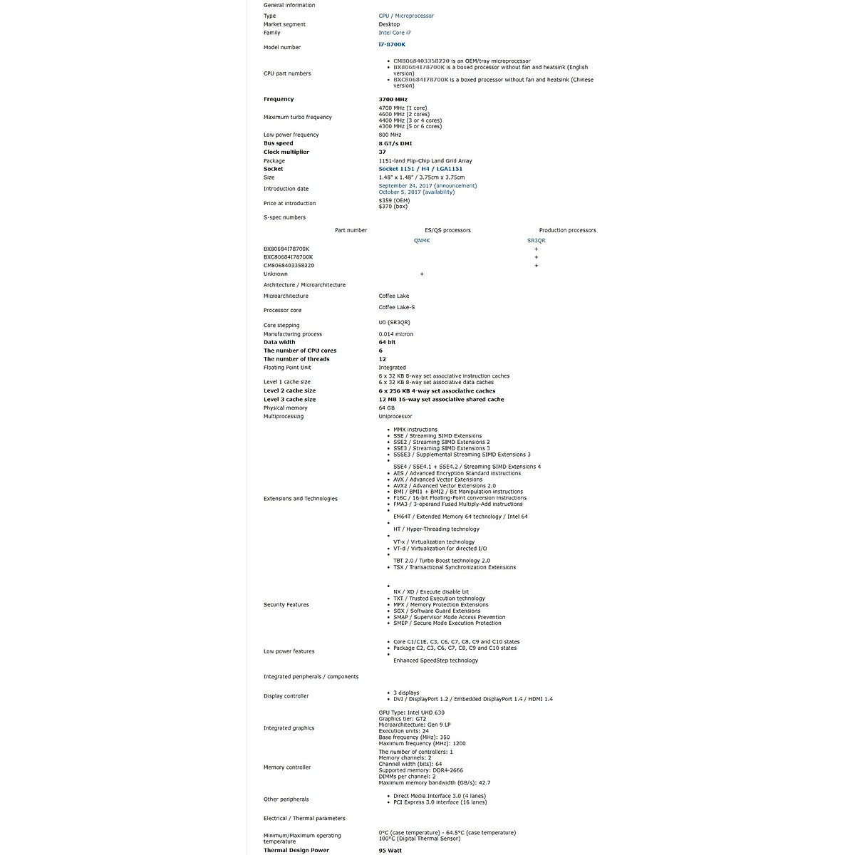 Intel OEM Core i7 i7-8700K Hexa-core (6 Core) 3.70 GHz Processor - Socket H4 LGA-1151
