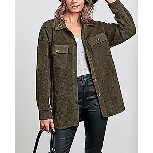 BTFBM Women's 2023 Fall Winter Button Down Shirts Sherpa Jacket Warm Long Sleeve Outerwear Faux Fur Shacket with Pockets(Solid Army Green, X-Large)