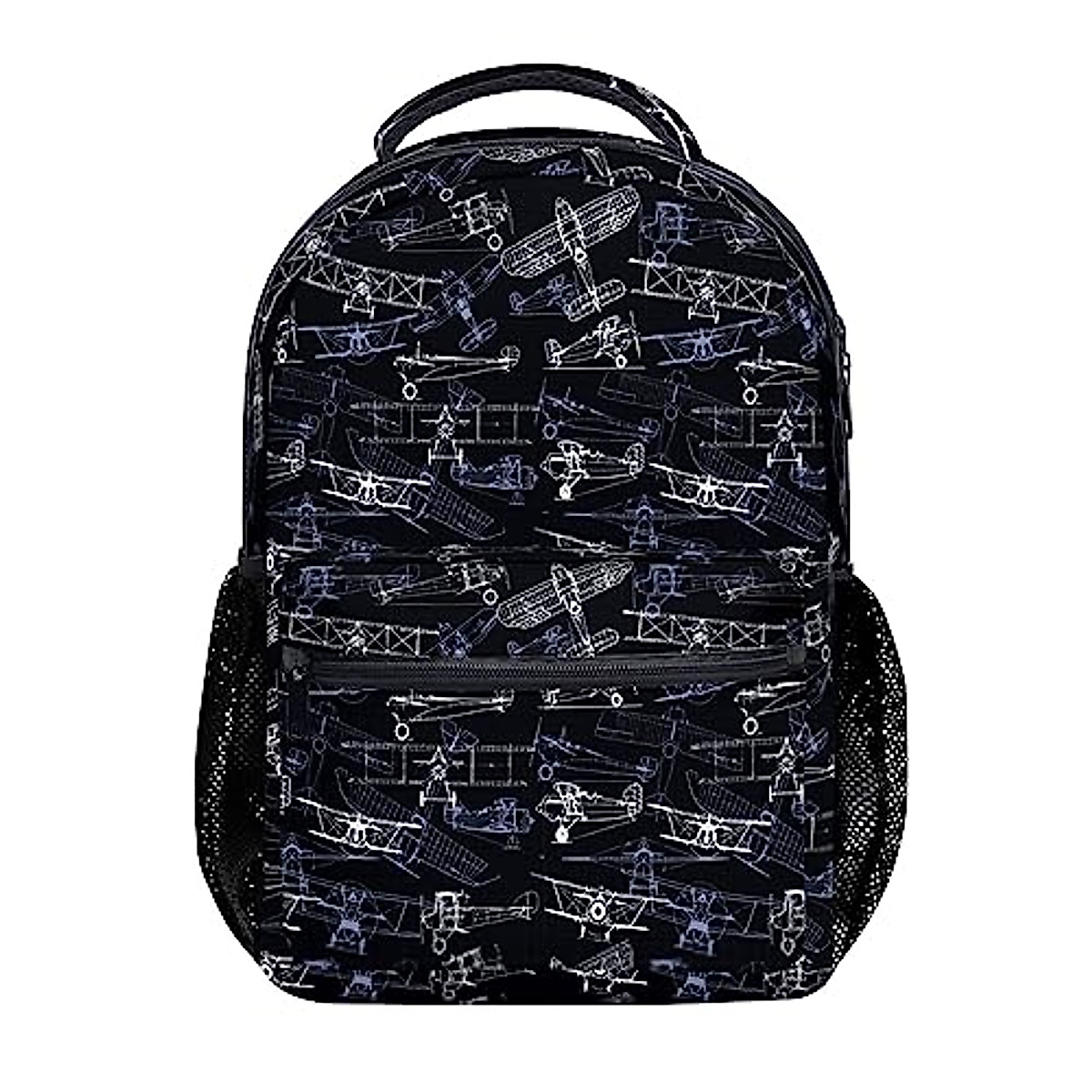 Cbntnaf Airplane Daypack for Women Men, Black Aircraft Print Bookbag for Boys Girls, Large Capacity Lightweight Backpack for School Work Camping Hiking