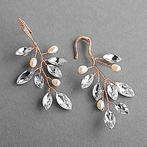 Mariell Bridal and Wedding Rose Gold Handmade Dangle Earrings, Crystal Gems and Petite Freshwater Pearls
