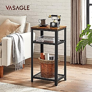 VASAGLE Tall Side Table, Telephone Table, End Table with 2 Mesh Shelves, for Living Room, Bedroom, Home Office, 11.8 x 15.7 x 29.5 Inches, Rustic Brown and Black ULET75BXV1