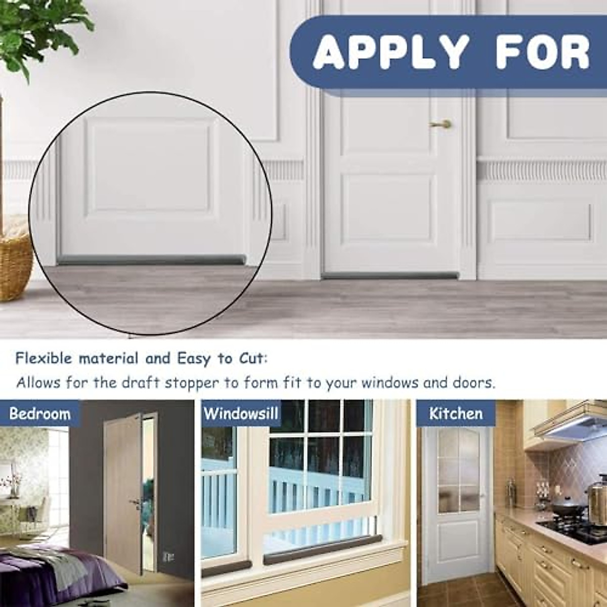 SYIPO Door Draft Stopper Adjustable 37", Twin Door Draft Blocker Cuttable & Washable, Draft Door Stopper Energy Saving Door Weather Stripping Reduce Noise Window Breeze Blocker Door Sweeps, White