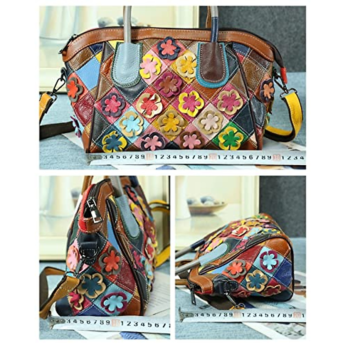 Maxzoom Womens Genuine Leather Hobo Bag Colorful Shoulder Handbag Purses with Contrast Color Patchwork and Handmade