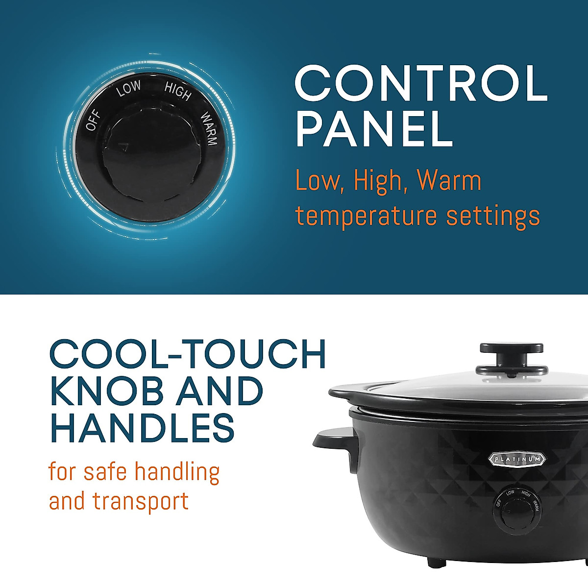 Elite Gourmet MST-1234B## 6 Quart Diamond Pattern Slow Cooker, Removable, Dishwasher-Safe Stoneware Pot with Tempered Glass Lid, Cool-Touch Handles, 6 Quart, Black